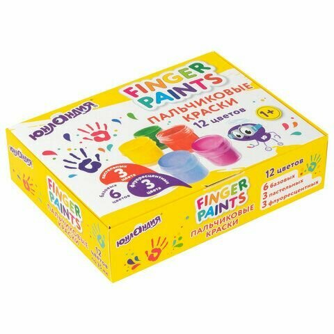 2 шт. Краски пальчиковые для малышей от 1 года, 12 цветов (6 базовых + 3 пастельных + 3 флуоресцентных) по 35 мл, юнландия, 192570