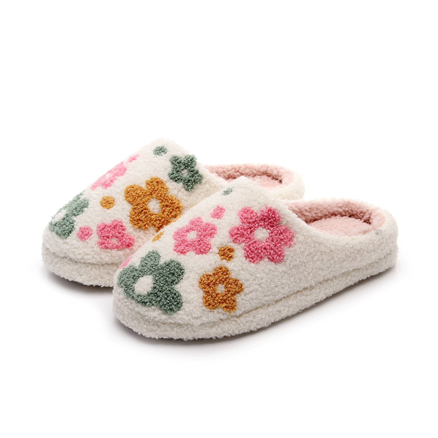 Популярные хлопковые тапочки с цветочными мотивами, осенне-зимние плюшевые тапочки, женские бесшумные туфли на мягкой подошве с меховой отделкой.43-44