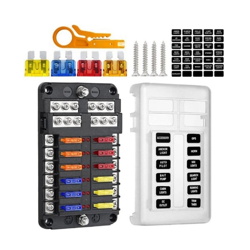 Многоканальный блок предохранителей, 12-канальный положительный и отрицательный полюсы, держатель предохранителя для автомобиля и лодки со светодиодной подсветкой, винтовая вставка блока предохранителей