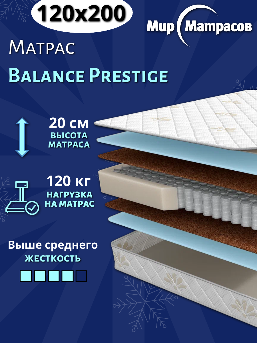 Матрас 120х200х20см Balance Prestige, Мир Матрасов, ортопедический, независимые пружины, жёсткий