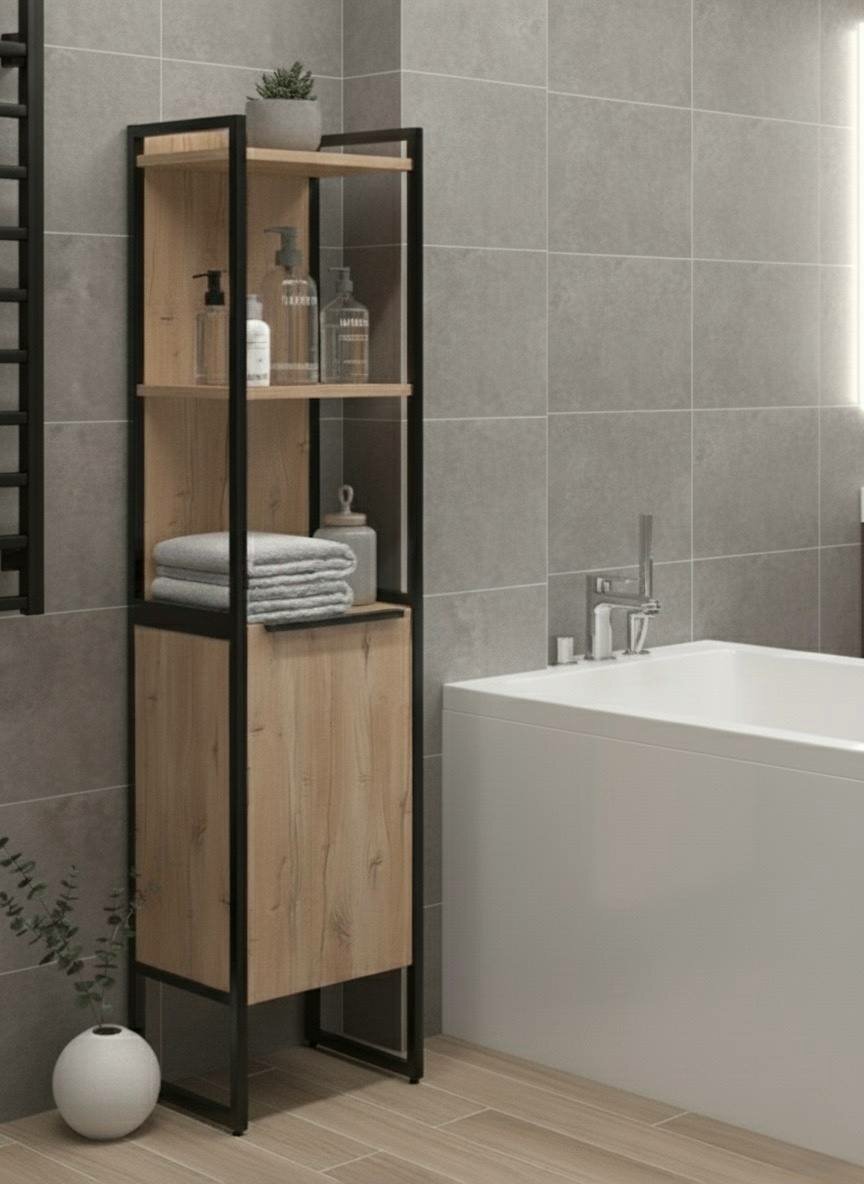 Стеллаж Лофт металлический напольный, универсальный, с доводчиками, дуб крафт золотой, черный