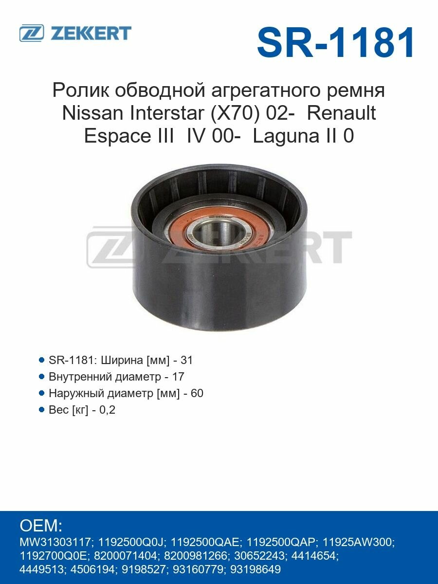 Zekkert Ролик обводной агрегатного ремня Nissan Interstar (X70) 02- Renault Espace III IV 00- Laguna II 0.