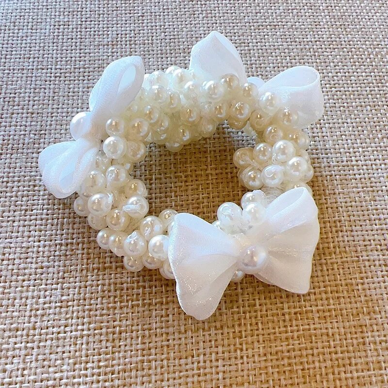 Резинки для волос с бантом и жемчугом 2 Pearl white bow