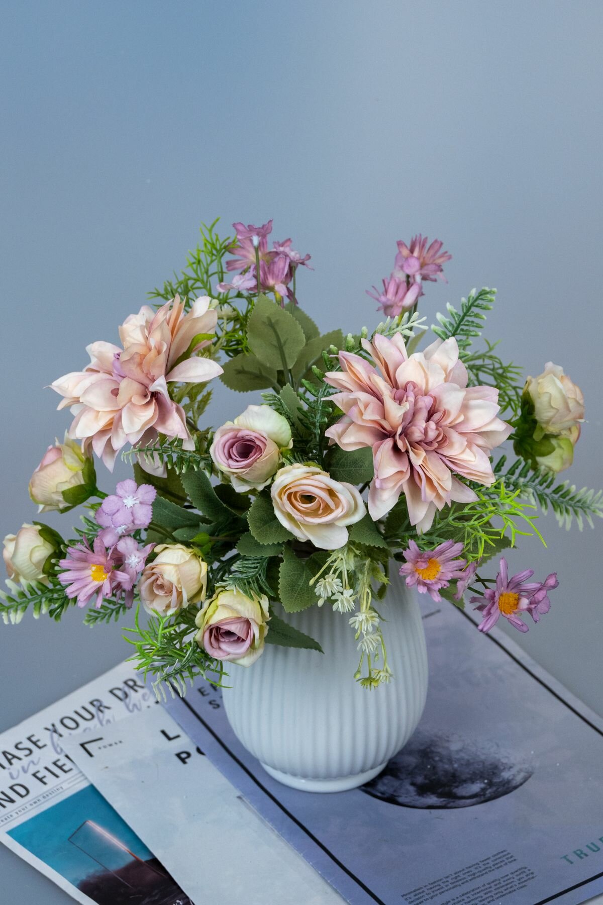 Искусственные цветы для декора на пасху мини букет роза ромашки и хризантема 2 букета розовые