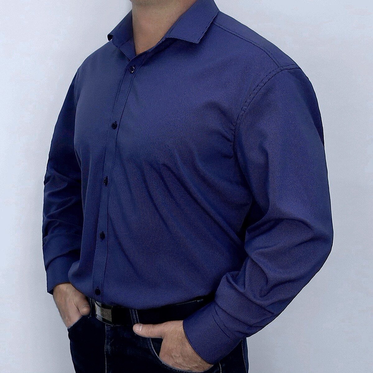 Рубашка Мужская рубашка с длинным рукавом прямая классическая, темная сорочка на пуговицах, рубаха на любой сезон, синяя мелкая клетка, без карманов, на любой сезон и на лето рубашка