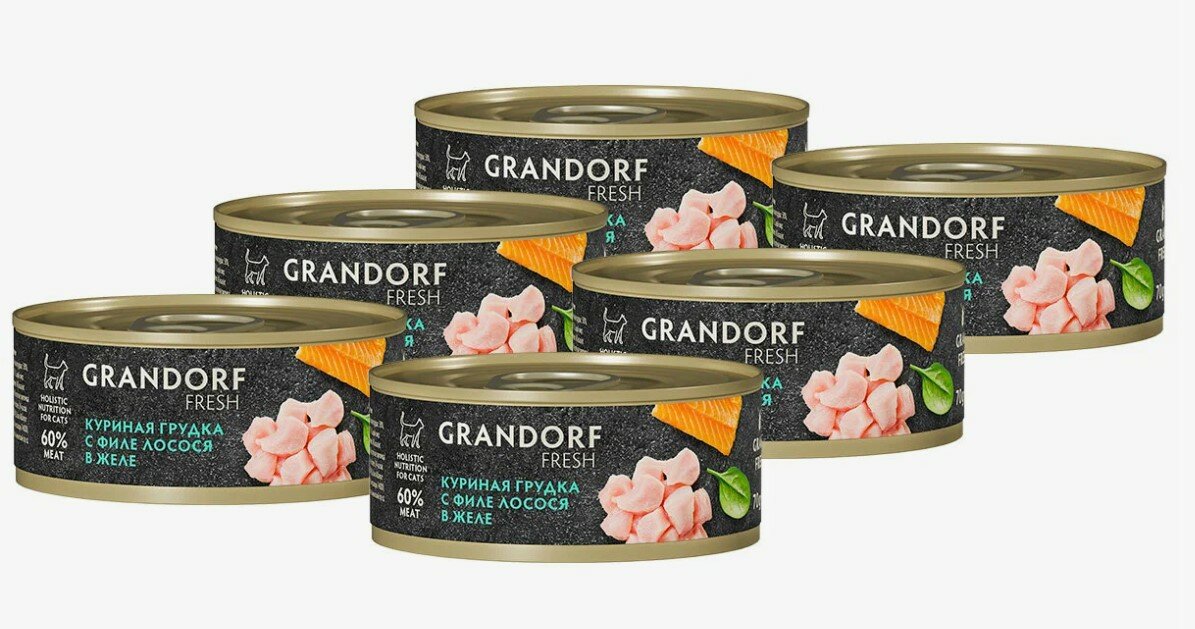 Влажный корм Grandorf Fresh для всех кошек, склонных к аллергии, с куриной грудкой и филе лосося в желе 6шт х 70г