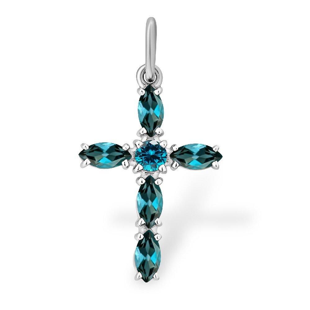 Крестик, белое золото, 585 проба, родирование, Лондон топаз