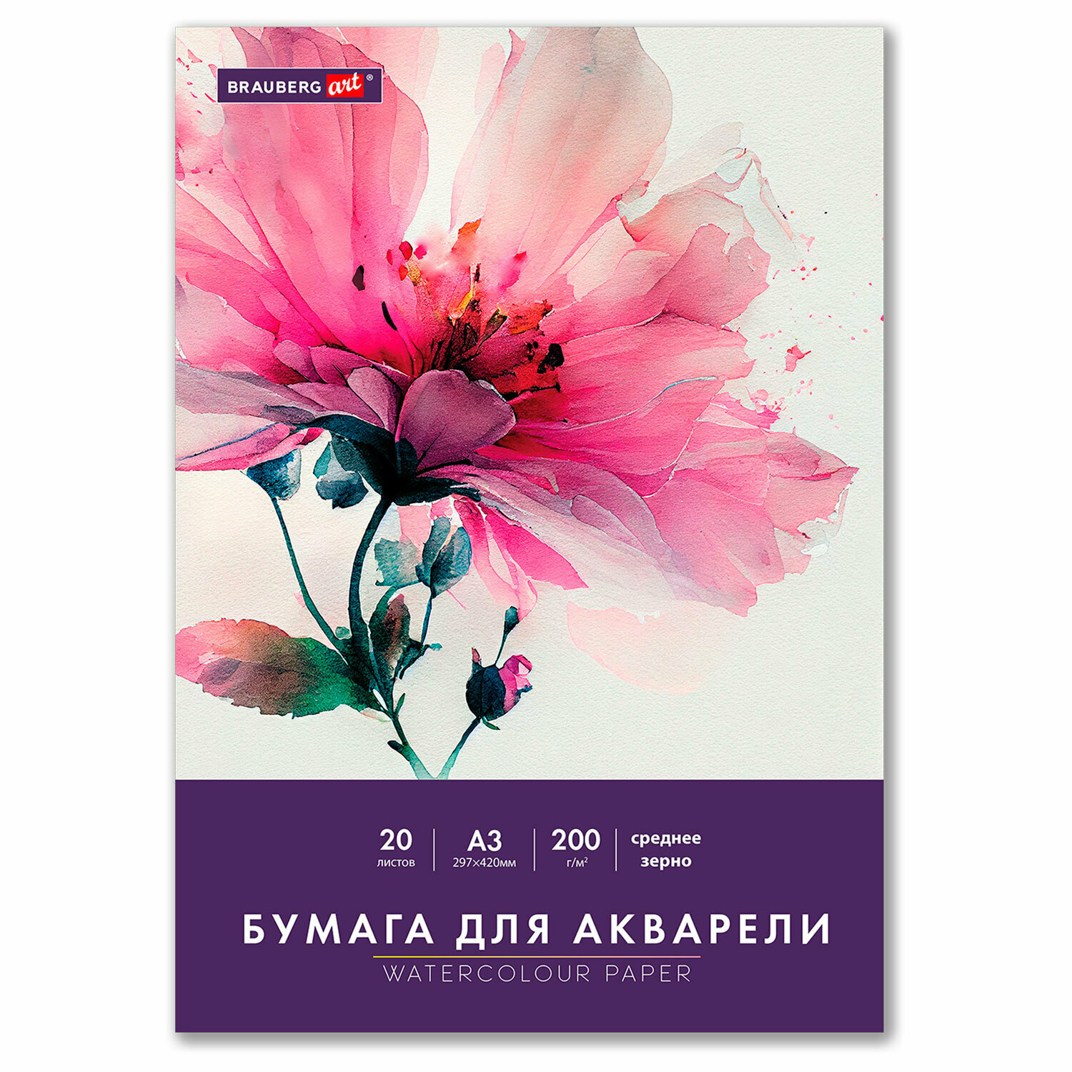 Бумага для акварели Brauberg большая, формат А3, 20 листов, 200 г/м2, среднее зерно 116352