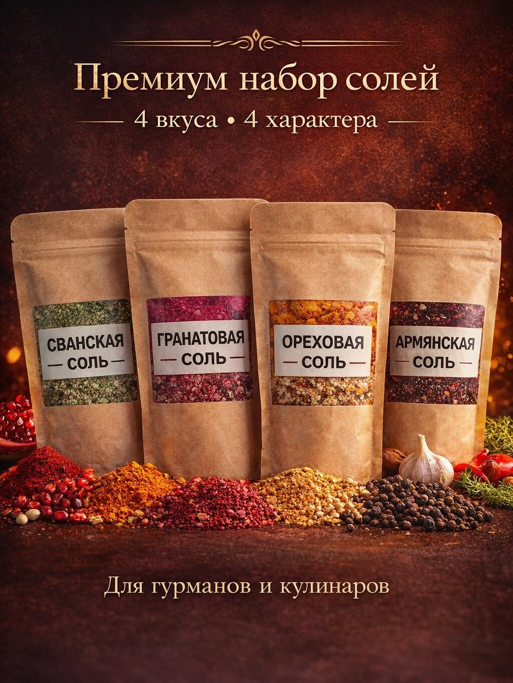 Набор ароматной соли со специями 4 вкуса (Сванская, Гранатовая, Ореховая, Армянская), 4 шт - 100 г, подарочный