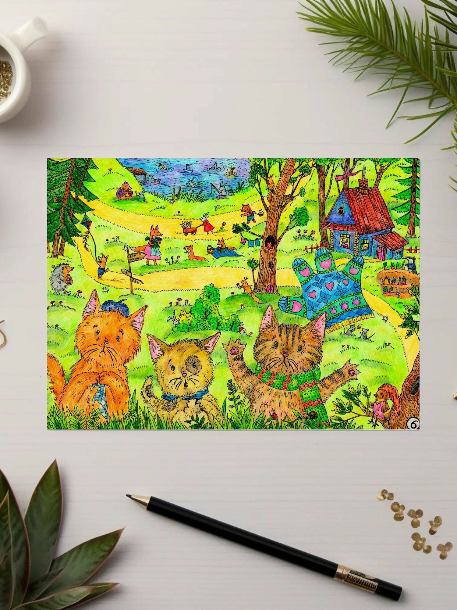 Открытка с милыми котиками Открытка с котом поздравительная с конвертом