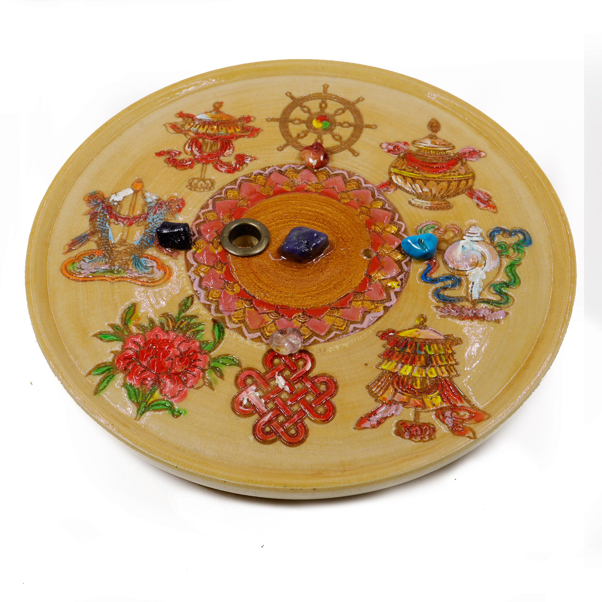 8 символов буддизма деревянная подставка тарелочка под благовония (диаметр 11 см.), 1 шт.