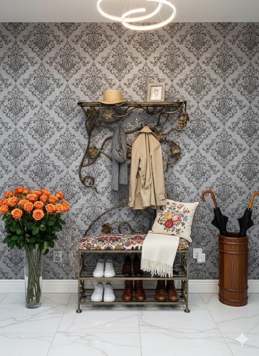 Кованая прихожая №18, вешалка + банкетка, Студия кованой мебели Нива, цвет античная бронза