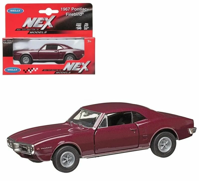 Машинка Welly Pontiac Firebird 1967. масштаб 1:38, пружинный механизм, бордовый цвет