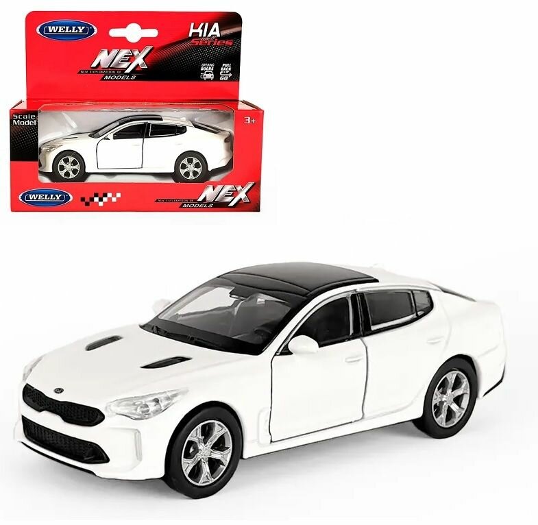 Машинка Welly KIA Stinger. масштаб 1:38, металлическая, пружинный механизм, белый цвет