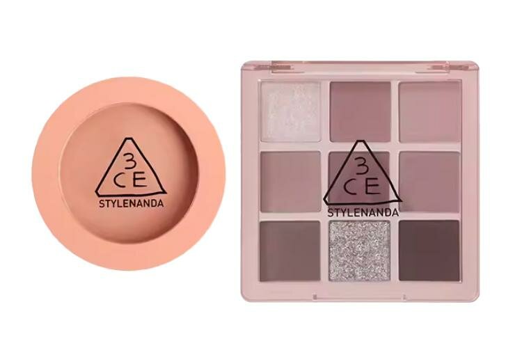 Набор теней женский 3CE 4 цвета + румяна Dune grey pink + nude beige