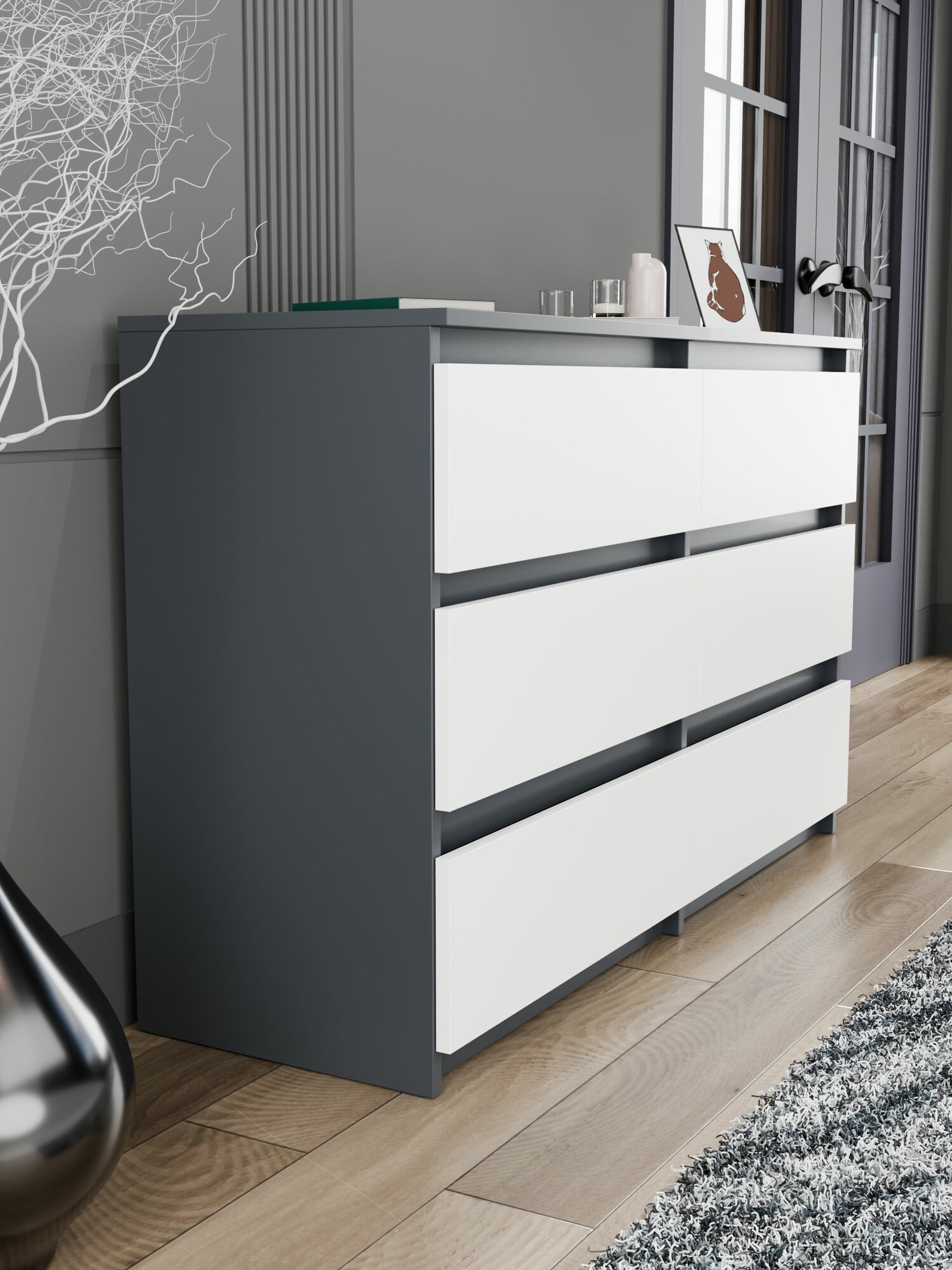 Комод для белья и одежды орлан 6 ящиков, 120х76.4х40 см, графит/белый