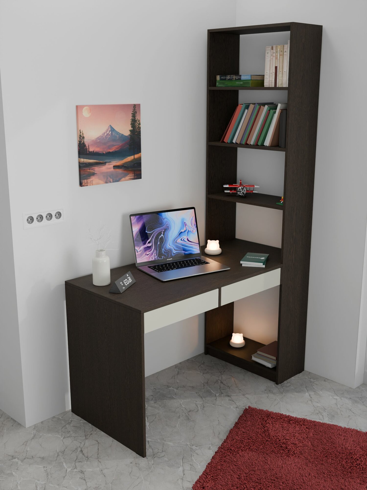 Изумлит Стол-стеллаж письменный угловой, стеллаж справа 200х130х59.2 см, венге-бежевый