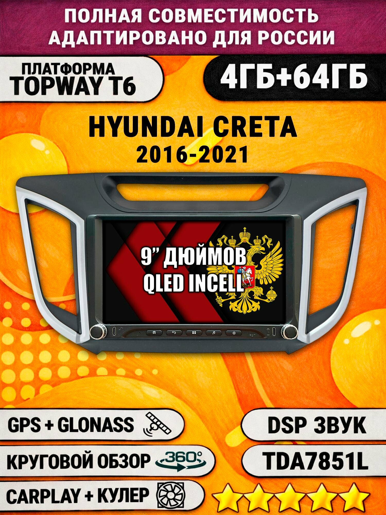Штатная магнитола Андроид 9 для HYUNDAI CRETA (2016 2017 2018 2019 2020 2021) Крета, 4/64гб, DSP, 360 обзор, беспроводной CarPlay и Android Auto, GPS и ГЛОНАСС