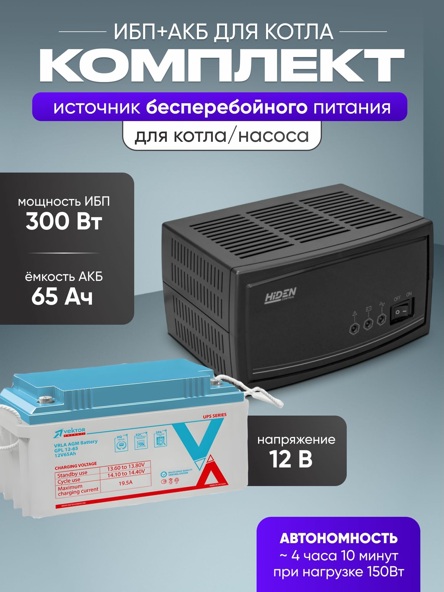 ИБП для котла с аккумулятором ИБП Hiden PN 300Вт + АКБ VEKTOR 65Ач, 12В / бесперебойник для котла отопления / источник бесперебойного питания для циркулирующего насоса