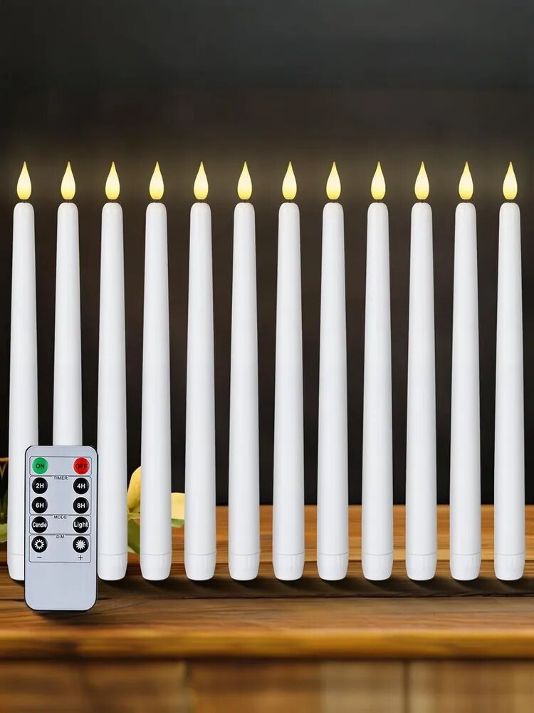 Светодиодные свечи 12 шт, 28 см х 2 см, комплект с пультом, для праздника, белые