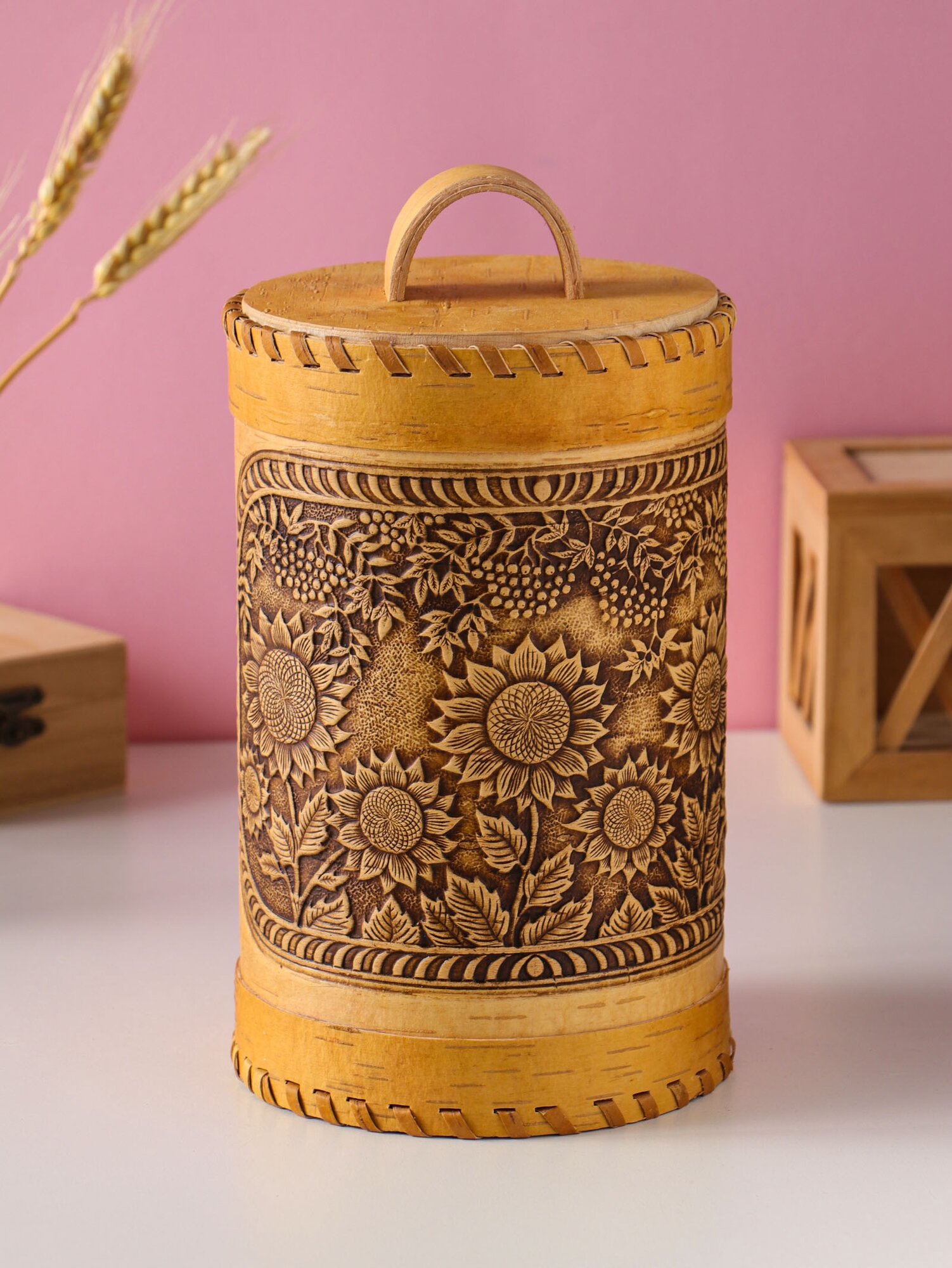 Туес «Подсолнухи», банка для хранения, 12×17 см, береста, цвет бежевый