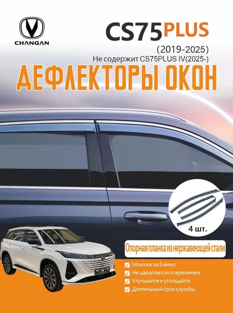 Дефлектор для окон CHANGAN CS75 PLUS (2019-2025) 4 шт. Черный матовый, накладной, из нержавеющей стали и акрила