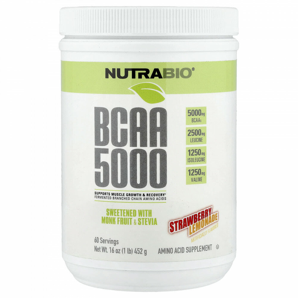 NutraBio, BCAA 5000, клубничный лимонад, 452 г (1 фунт)