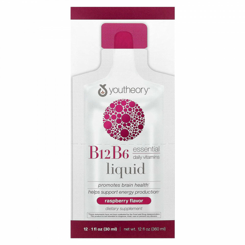 Youtheory, B12, B6, жидкий, на ходу, малиновый, 12 пакетиков по 30 мл (1 жидк. Унция)