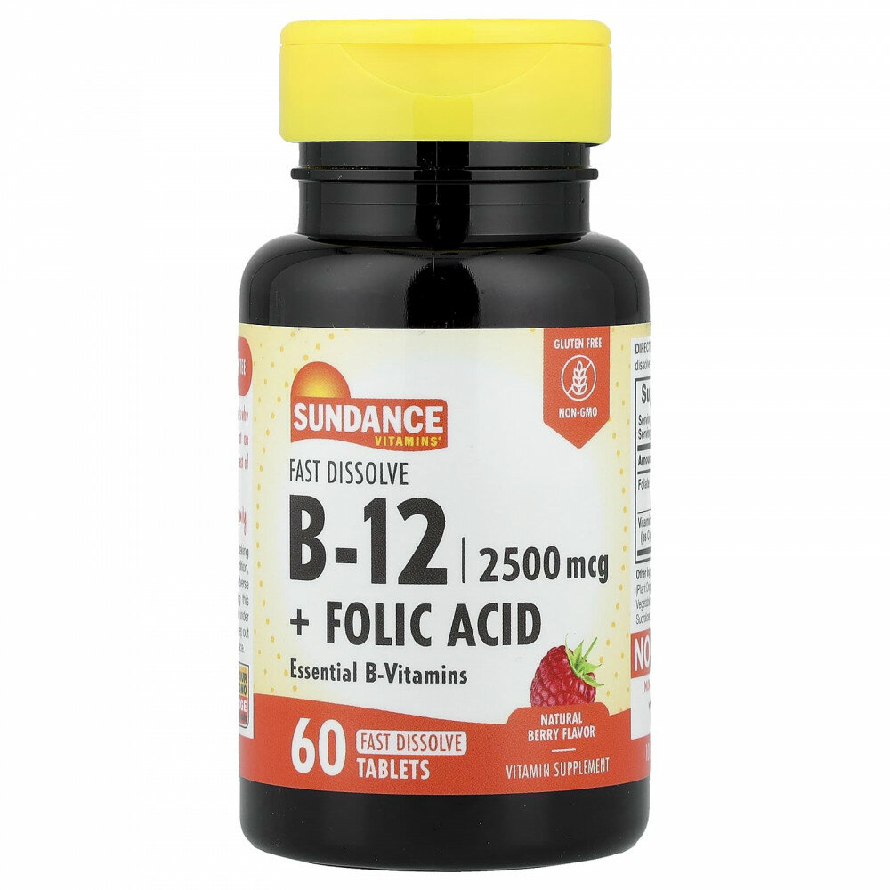 Sundance Vitamins, витамин B12 с фолиевой кислотой, быстрорастворимый, с натуральным ягодным вкусом, 60 быстрорастворимых таблеток
