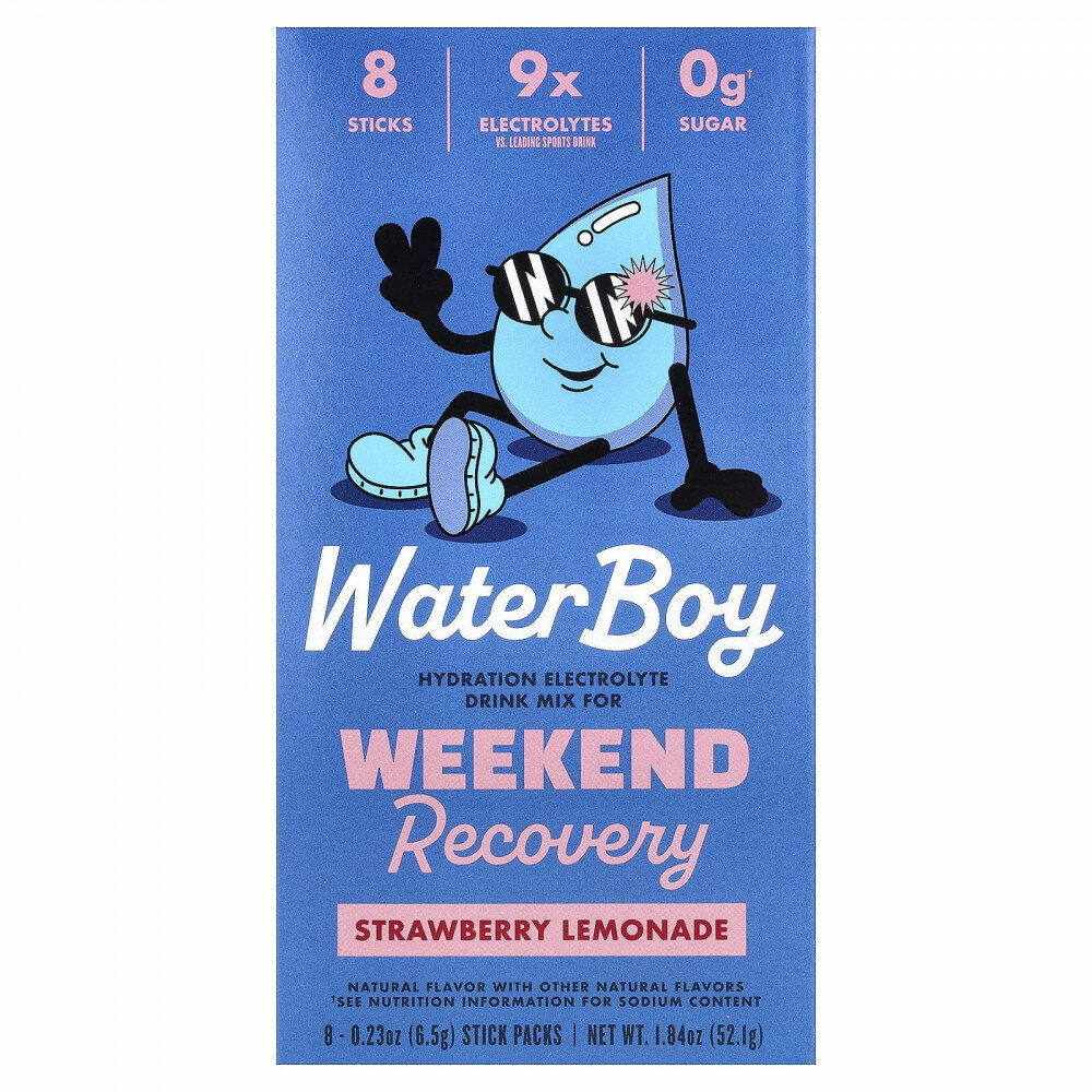 Waterboy, Weekend Recovery, смесь для приготовления напитков с электролитами для гидратации, со вкусом клубничного лимонада, 8 порционных стиков по 6,5 г (0,23 унции)