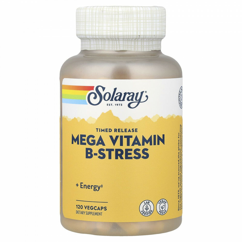 Solaray, мегавитамин B-Stress, замедленное высвобождение, 120 растительных капсул