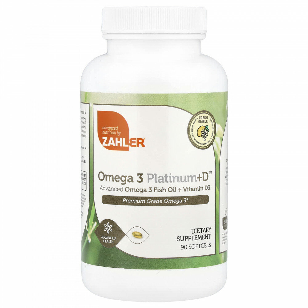Zahler, Omega 3 Platinum+D, усовершенствованный рыбий жир с омега-3 и витамином D3, 2000 мг, 90 капсул (1000 мг на капсулу)