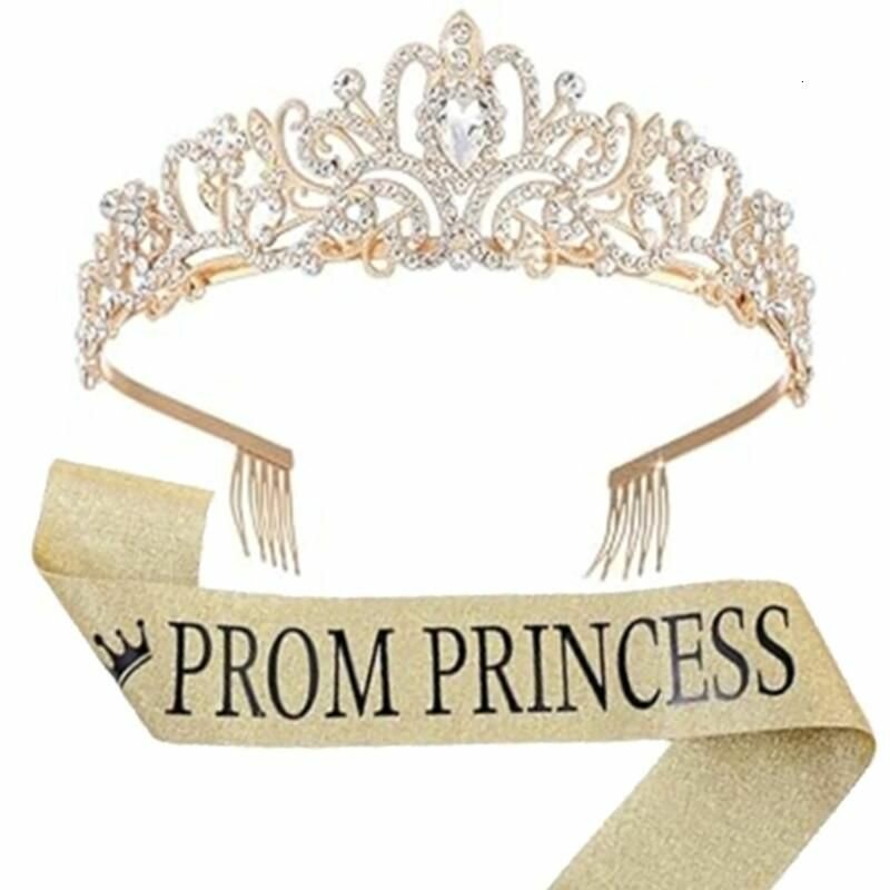 Короны и ленты с камнями для взрослых на выпускной и день рождения, принцесса выпускного вечера Золотая