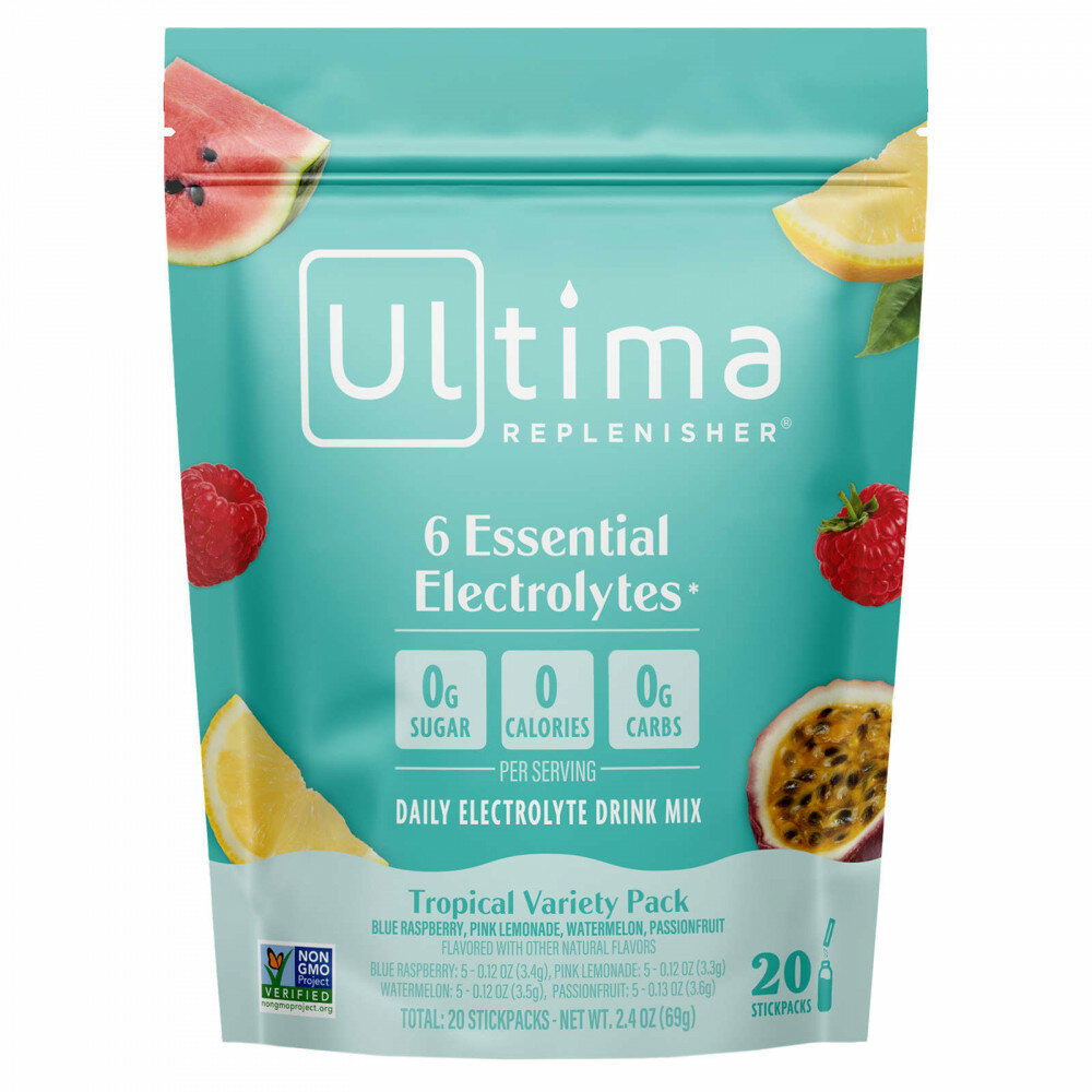 Ultima Replenisher, 6 Essential Electrolytes, ежедневная смесь для приготовления электролитов, тропическая добавка, 20 пакетиков, 69 г (2,4 унции)