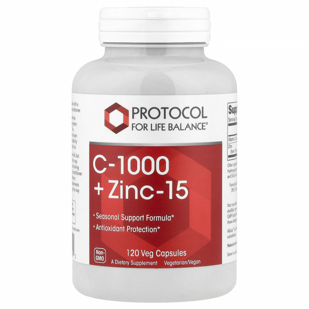 Protocol for Life Balance, C-1000 + Zinc-15, 120 вегетарианских капсул