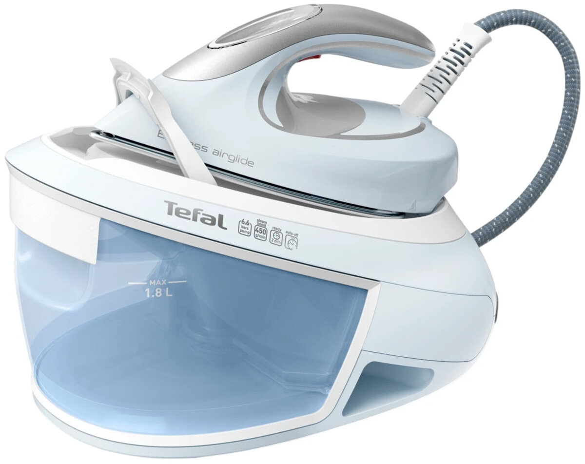 Парогенератор Tefal SV8028E0 голубой, 2800Вт, нагрева, необходимости очистки от накипи, отсутствия воды, 6,6Бар.