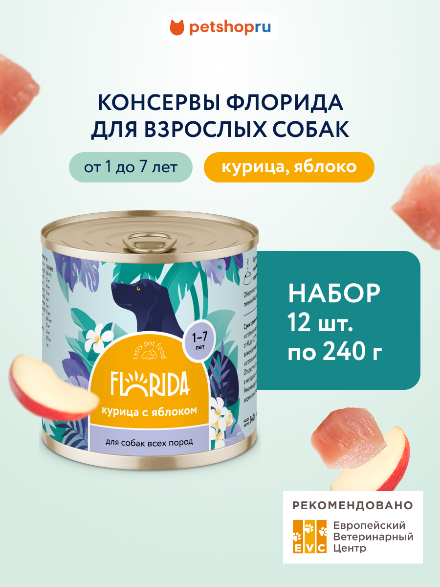 FLORIDA Консервы для собак, курица с яблоком, набор 12 шт по 240 г, влажный корм, 2,88 кг