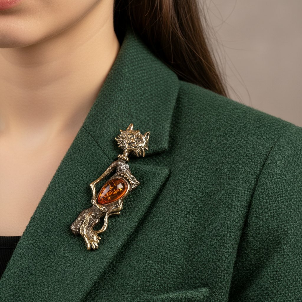 Брошь Народные промыслы, янтарь