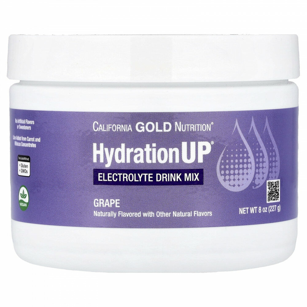 California Gold Nutrition, HydrationUP®, смесь для приготовления электролитического напитка с кальцием, калием, витамином C и витамином E, со вкусом винограда, 227 г (8 унций)