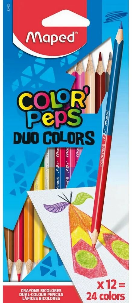 Карандаши двусторонние MAPED (Франция) "Color'Peps Duo", 12 штук, 24 цвета, трехгранные, натуральное дерево, 829600