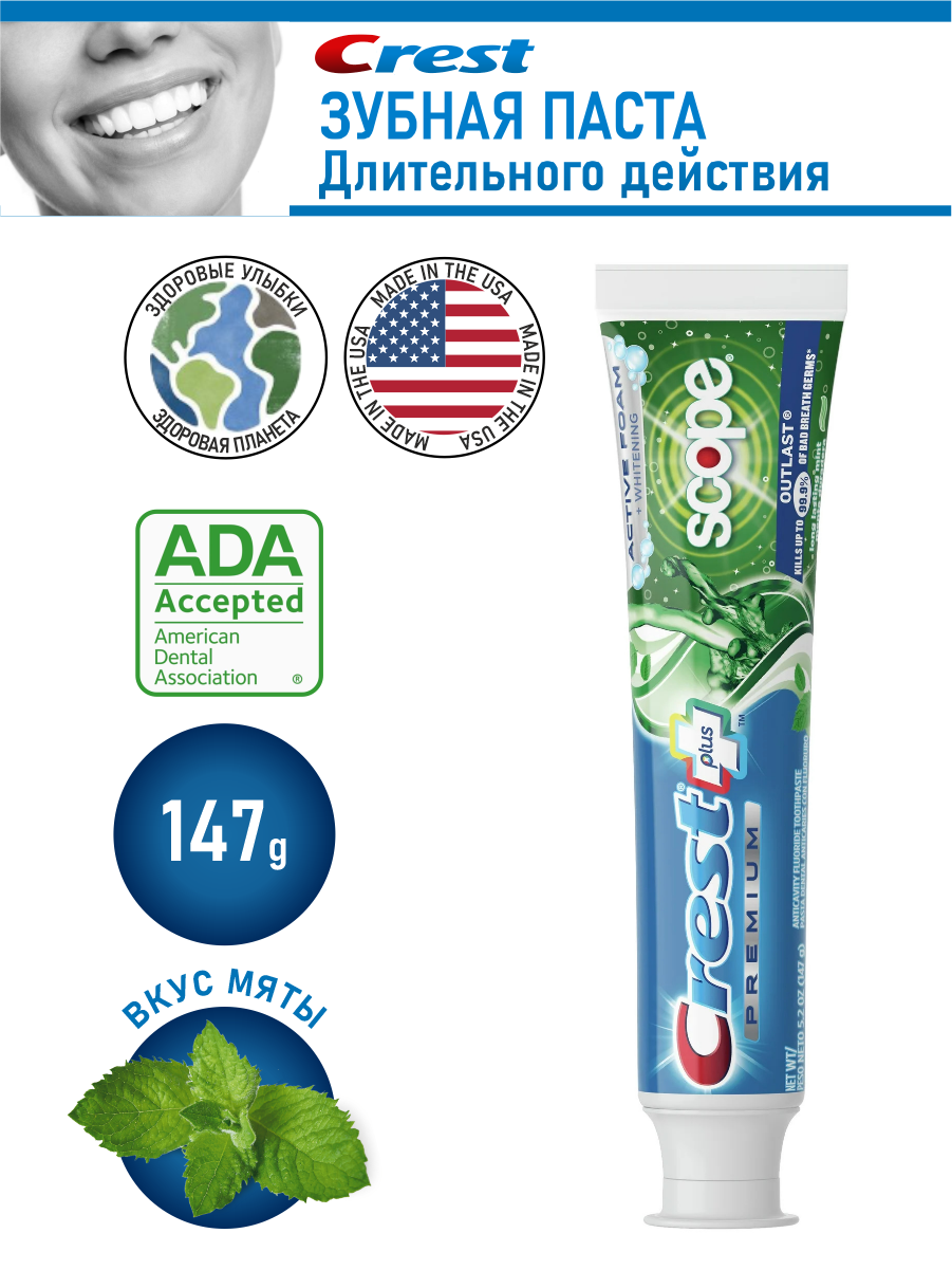 Зубная паста Crest Premium Plus длительного действия с мятным вкусом 147 гр.