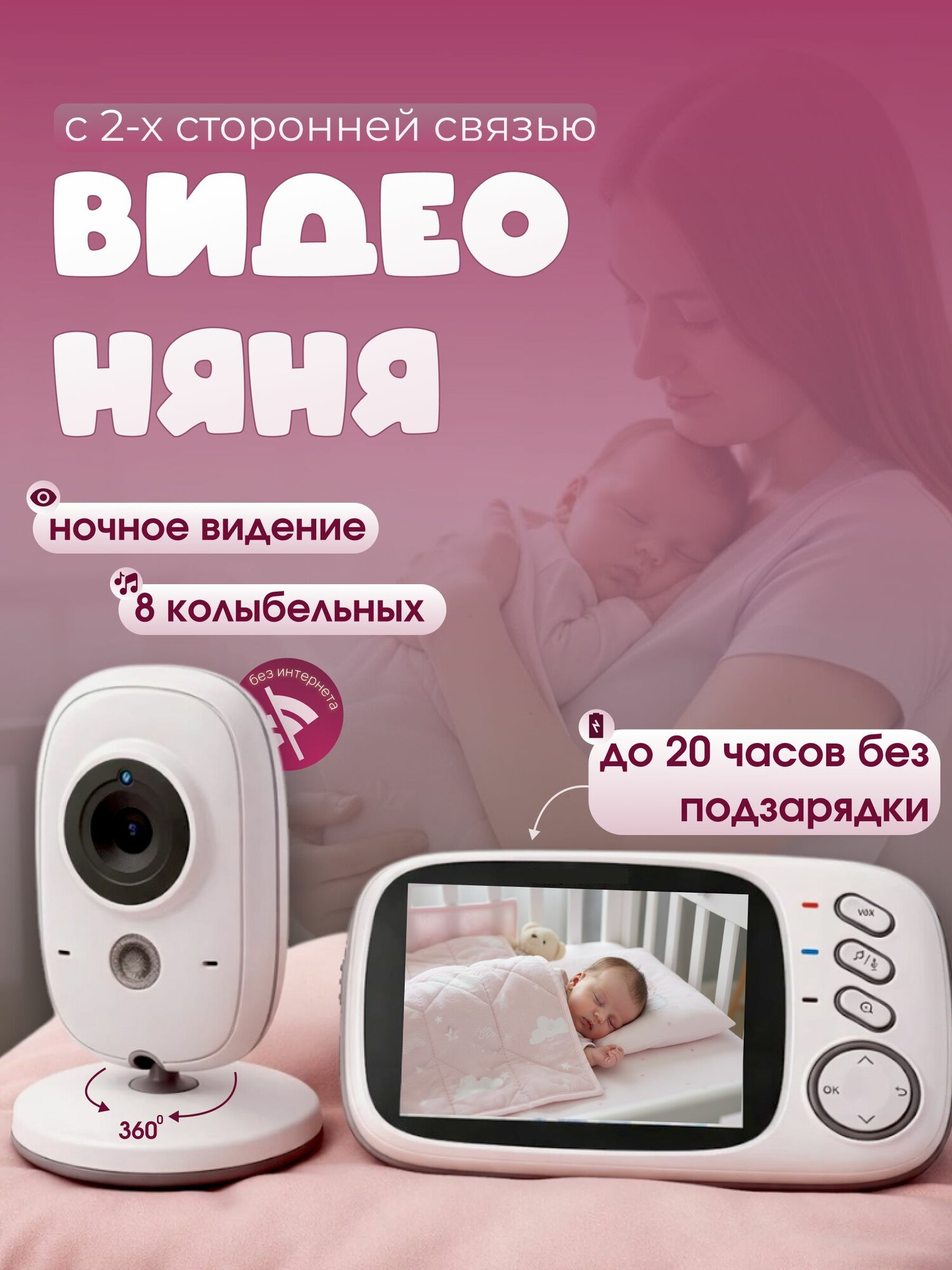 Видеоняня с монитором, с колыбельной / Радионяня с двухсторонней связью и автоматическим включением экрана при обнаружении звука/ Видеоняня ночного видения,