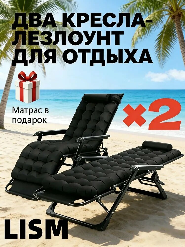 Кресло-шезлонг складной комплект 2 шт, металл+пластик, матовый черный, нагрузка до 200 кг, садовый для отдыха