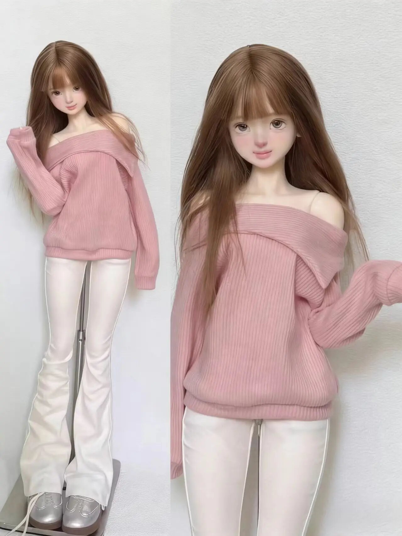 Топ-худи бежевый и брюки Pink and White Set для кукол BJD 1/4 (45-48cm)