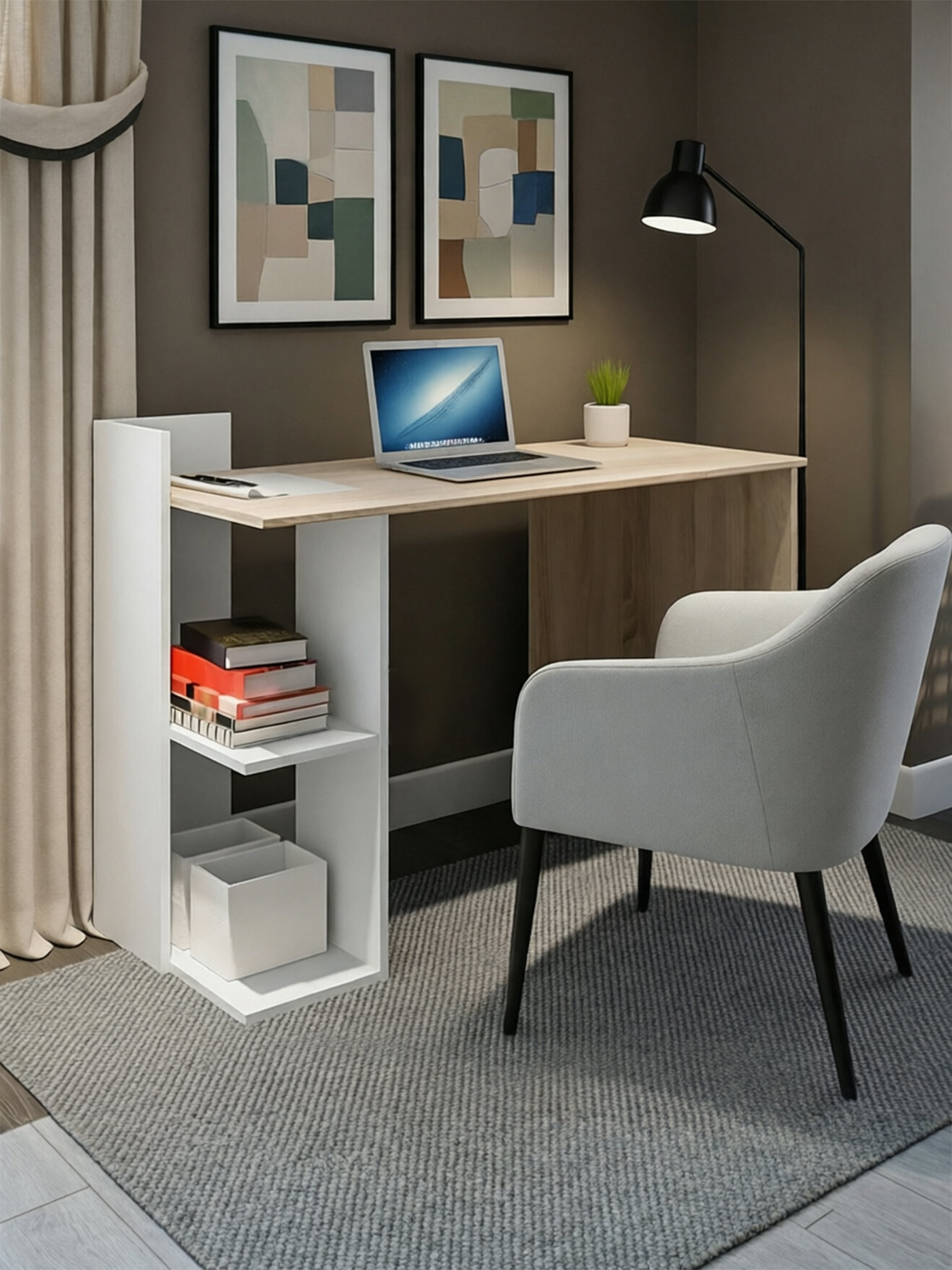 Стол компьютерный, письменный столплит Мамбо СБ-3340 с полками, кдсп Дуб Сонома/ЛДСП Белый, 120*85*51 см