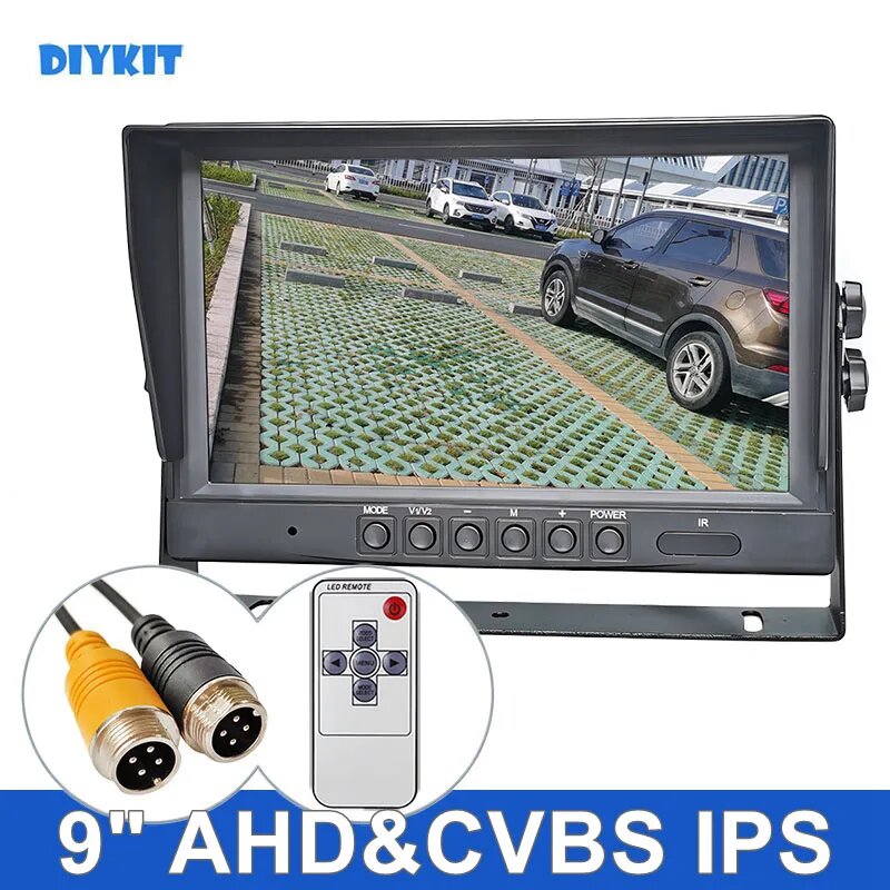 DIYKIT 9-дюймовый AHD IPS-экран HD Автомобильный монитор Монитор заднего вида Поддержка 720P 1080P AHD CVBS Автомобильная камера 2 видеовхода