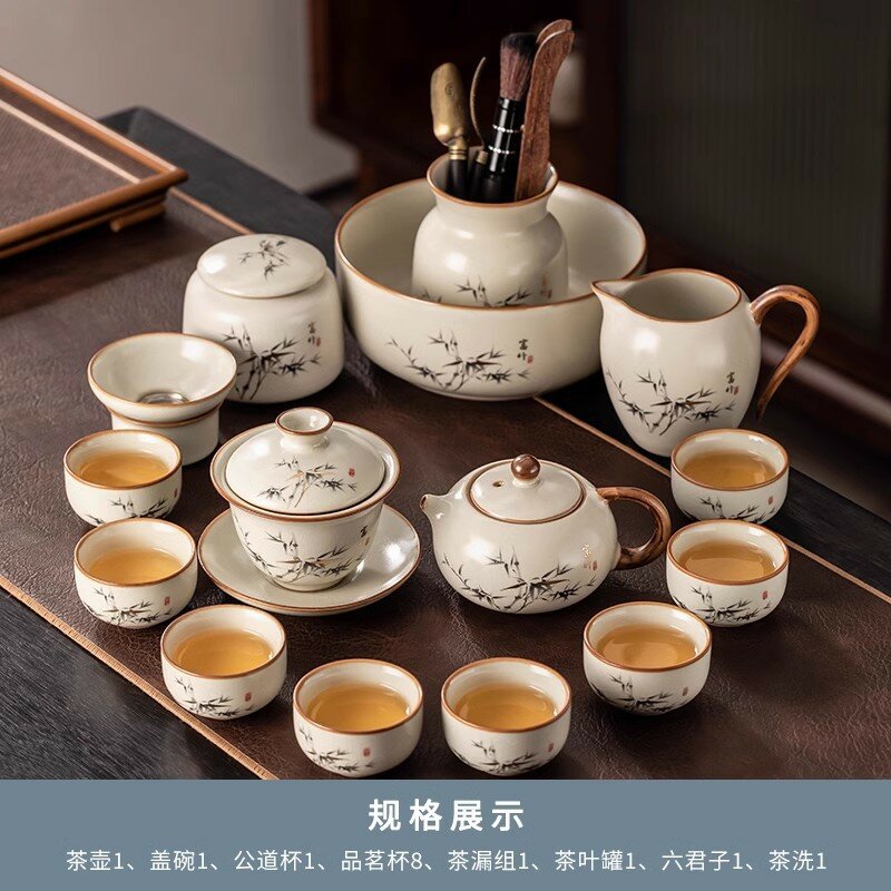 Ru Kiln tea set set 2025 новый бытовой керамический чайник для питья чая Кунг-фу чайная чашка чайный поднос легкая роскошь высокого класса для встречи гостей