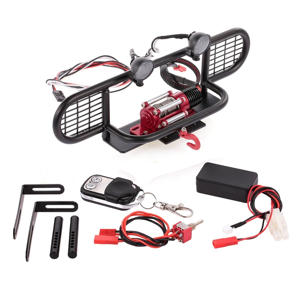 Металлический бампер с лебедкой, 2 светодиодными фарами и пультом управления для SCX10