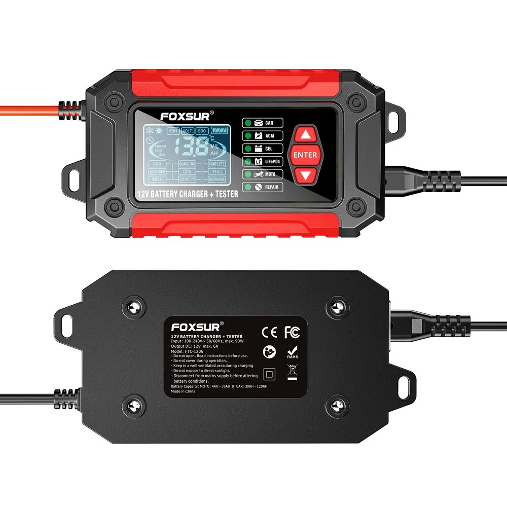 Набор аварийный Зарядное устройство FOXSUR 12V / 24V, 8A, ЖК-дисплей, режимы ремонта, зарядки, тестирования аккумулятора — фото 1