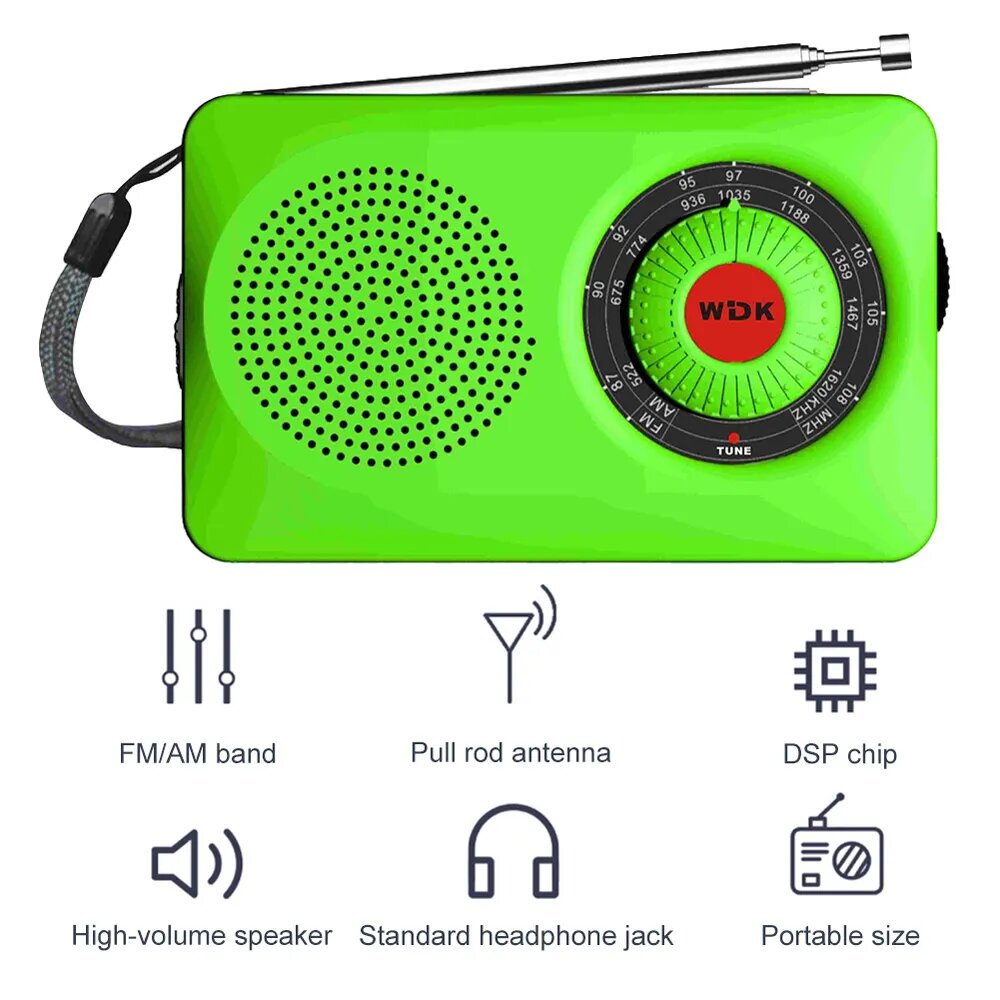 Портативное радио WDK с AM/FM диапазоном, поддержкой MP3 и разъемом для наушников